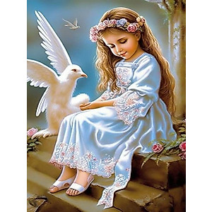 Sheehow 5D Diamond Painting Kits for Adults Angel Girl, Full Drill Diamond Art Pigeons, Gem Pictures by Numbers Art, DIY Cross Stitch Jewel Art Rhinestone Craft for Home Wall Decor 12X16 inch