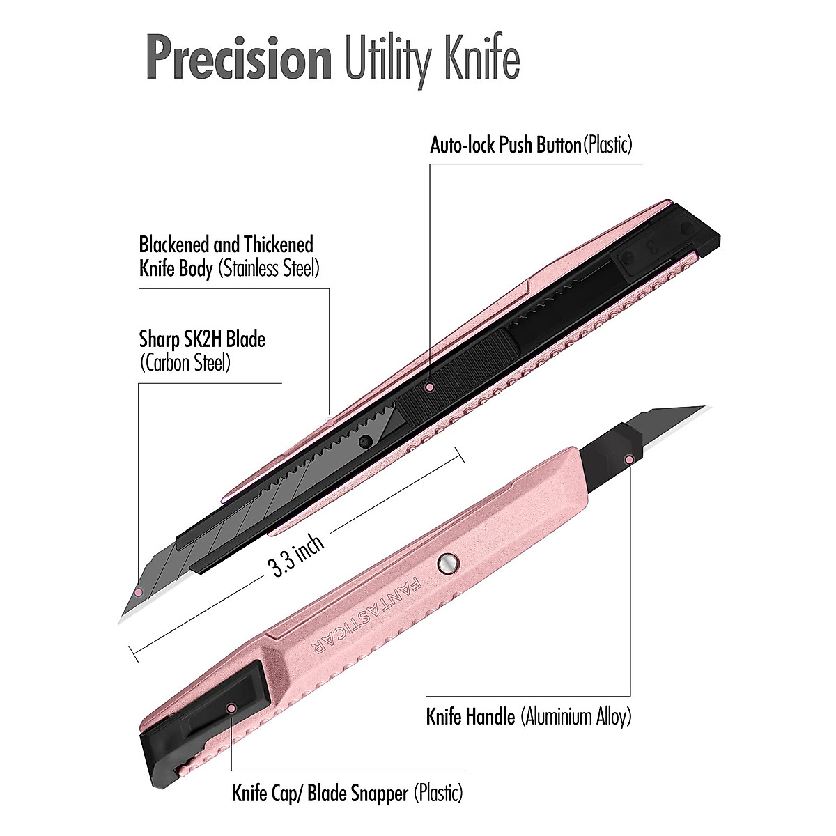 FantastiCAR 2-Pack Auto Lock Retractable Utility Knife, Snap Off Safety Cutter, with Aluminium Alloy Grip, 60 Degree and 30 Degree Blades, for Precision Trimming Jobs (Pink)
