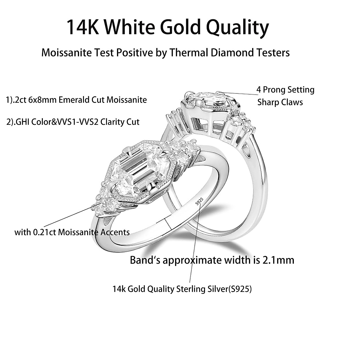 DovEggs Moissanite Engagement Rings for Women Center 2ct 6X8mm GHI Color Emerald Cut Moissanite Wedding Ring 14K Gold QUALITY Sterling Silver Anniversary Ring(GHI Colorless, 6.5)