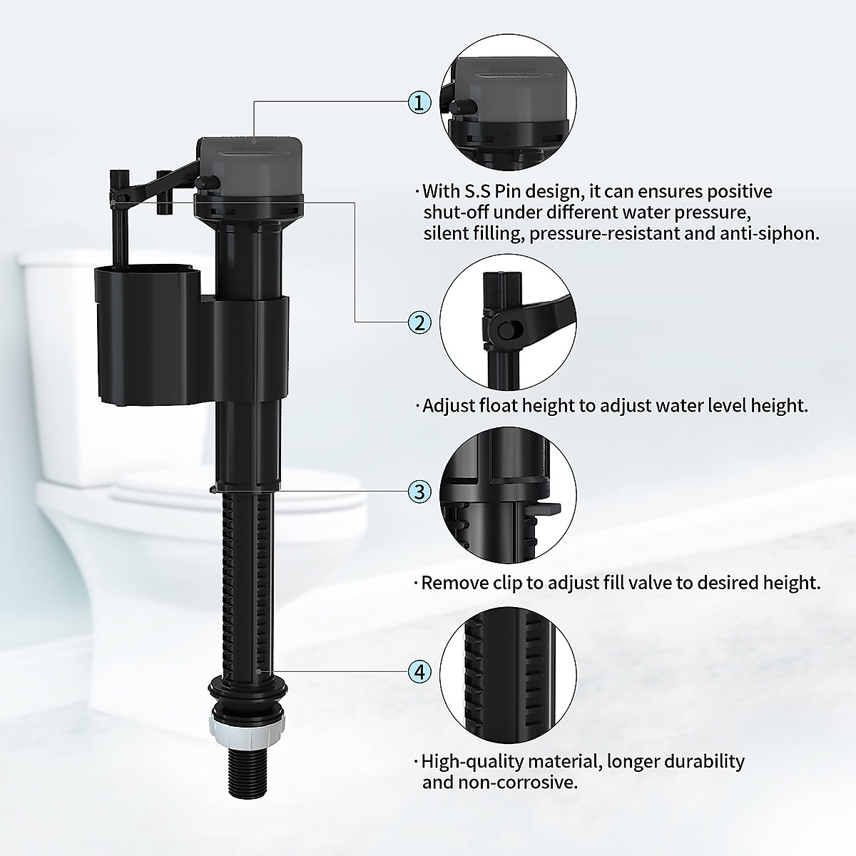 R&T A1250L Toilet Fill Valve Toilet Tank Parts Replacement Running Toilet Repair Kit Quiet Fill Anti-Siphon