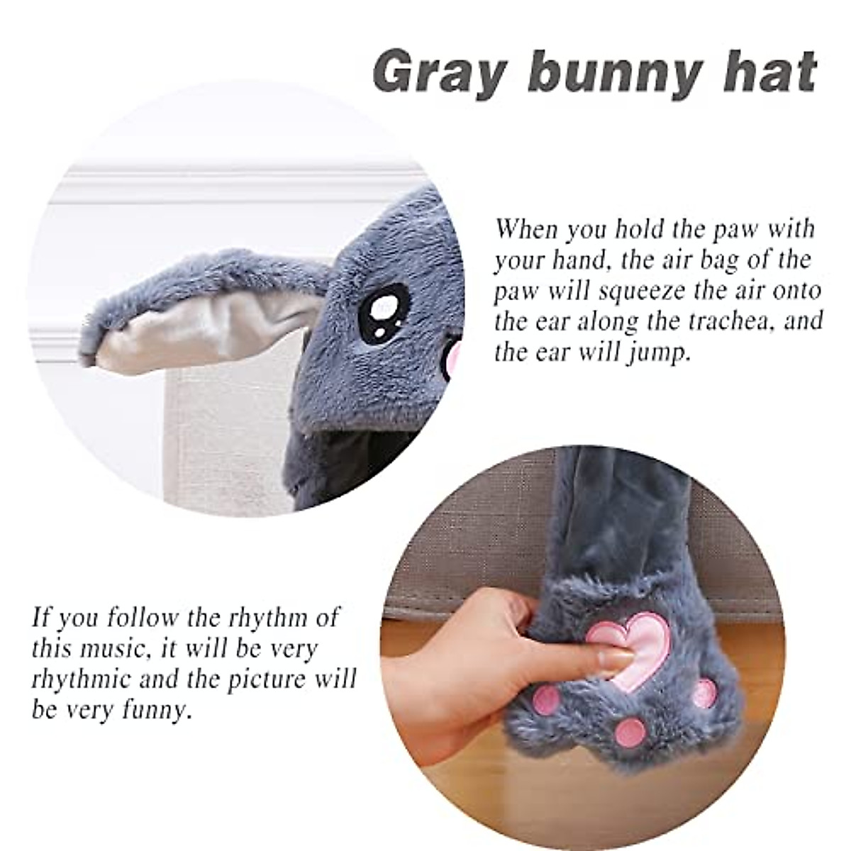 Focupaja Jumping Hat Funny Bunny Rabbit Hat Ear Moving Rabbit Cap with Moving Ears Plush Bunny Hat Cosplay Animal hat for Women(Gray Rabbit)