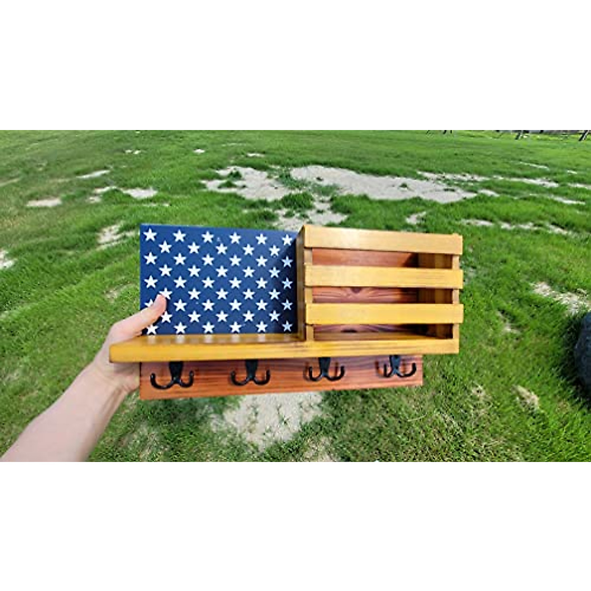 American Flag Key Holder & Organizer with Shelf for Wall. Crafted of Natural Fir Wood, Hand Painted in Patriotic Red, White, Blue. Unique Design, Decor Accent for Entry, Office, Living Room, Bedroom