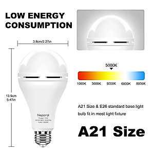 Neporal Emergency-Rechargeable-Light-Bulb, Stay Lights Up When Power Failure, 1200mAh15W 80W Equivalent LED Light Bulbs for Home, Camping, Tent (6 Count Daylight)