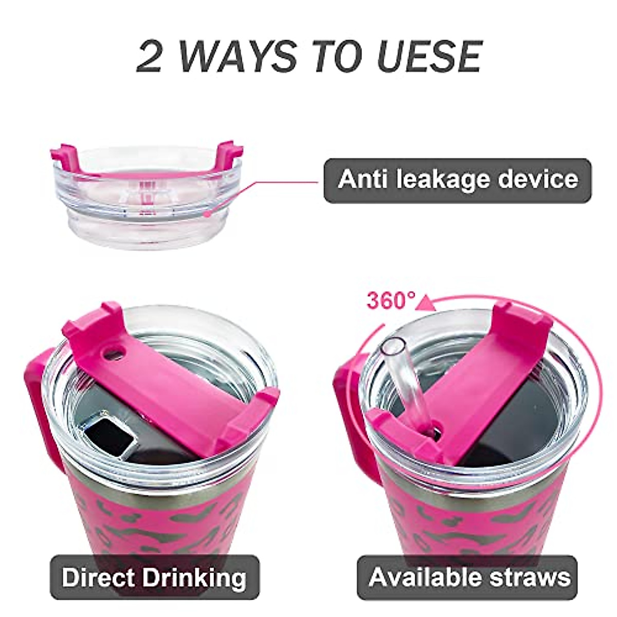 40 oz Tumbler with Handle and Straw with lid Leopard Stainless Steel Thermos Mug Coffee Cup Outdoor Sports Travel Sippy Mug Gift 1st (rose red)