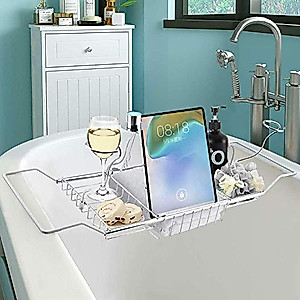 Bathtub Caddy Tray, Stainless Steel Shower Bathtub Caddy Storage Organizer Over Bathtub Racks Expandable Bath Organizer Tub Shelf with Extending Sides and Removable Wine Glass Book Holder