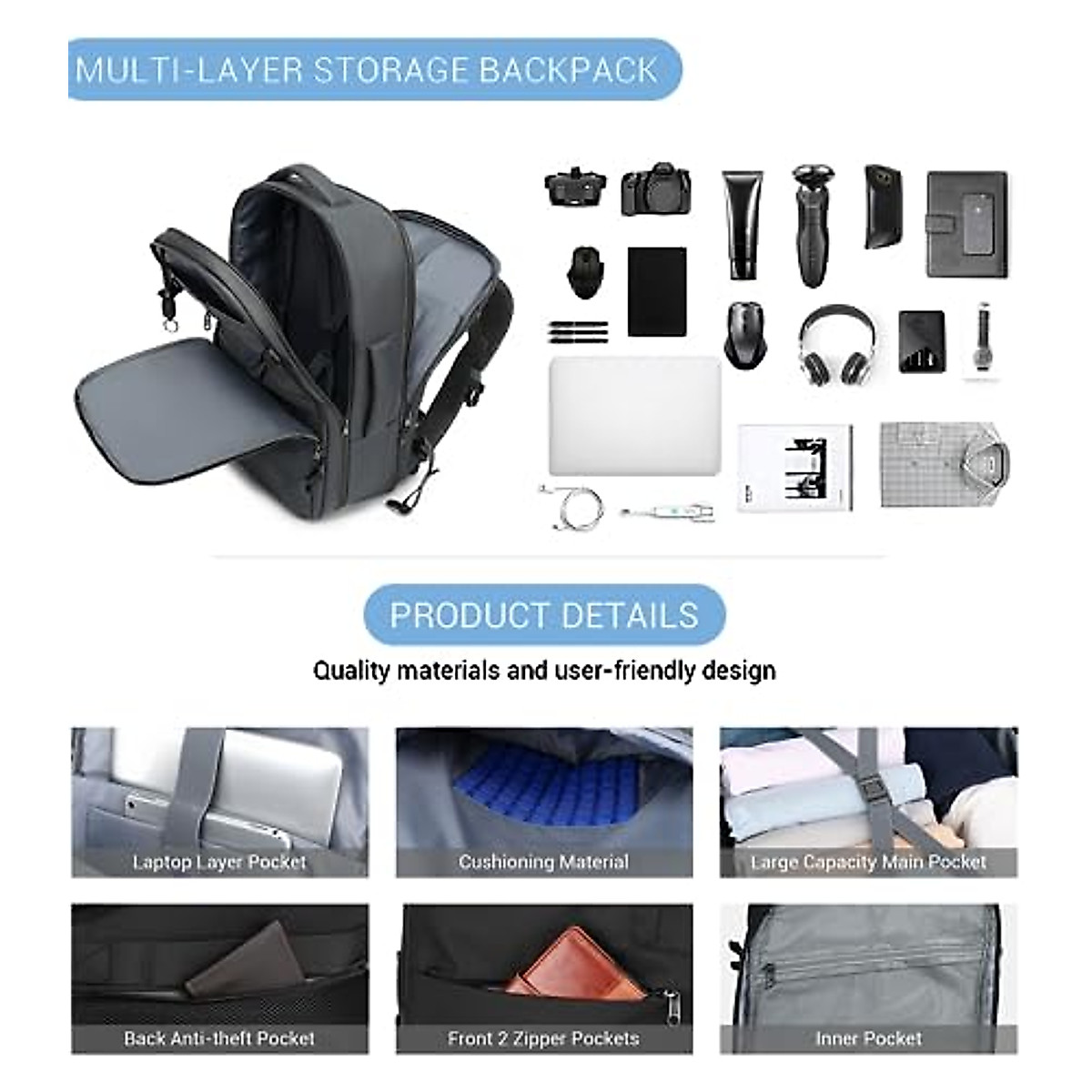 Evmyo 47L Carry on Backpack, Large Travel Backpack for Women Men Airline Approved, Expandable Suitcase Backpacks, Carry on Luggage With Packing Cubes