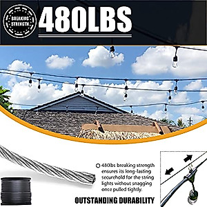 NEREUS String Light Hanging Kit with 164 Ft Nylon Coated 304 Stainless Steel Wire Rope, String Light Suspension Kit, Guide Wire with Turnbuckles and Hooks for Patio, Backyard Lighting Accessories