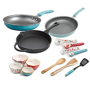 The Pioneer Woman Vintage Speckle 24-Piece Cookware Combo Set in Turquoise bundle with Copper Charm Stainless Steel Copper Bottom Cookware Set, 10 Piece