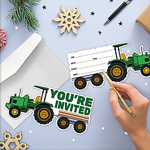 Cusrtyh 15 Sheets Tractor Party Celebration Invitations card with with 15 Envelopes，Green Tractor Birthday Party，Farmer Tractor Party Celebration Invitation cards， Birthday Party Supplies