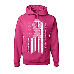 Tee Hunt Pink Ribbon Distressed Flag Hoodie Breast Cancer Awareness Sweatshirt Hot Pink Large