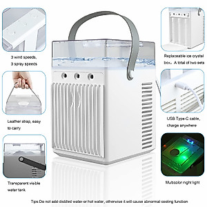 Portable Air Conditioner Fan Personal Air Conditioner Mini Evaporative Portable Personal Air Cooler with 3 Speeds USB-C Portable Evaporative Cooler with 7 Colors Light & 6 Ice Boxes for Bedroom Office