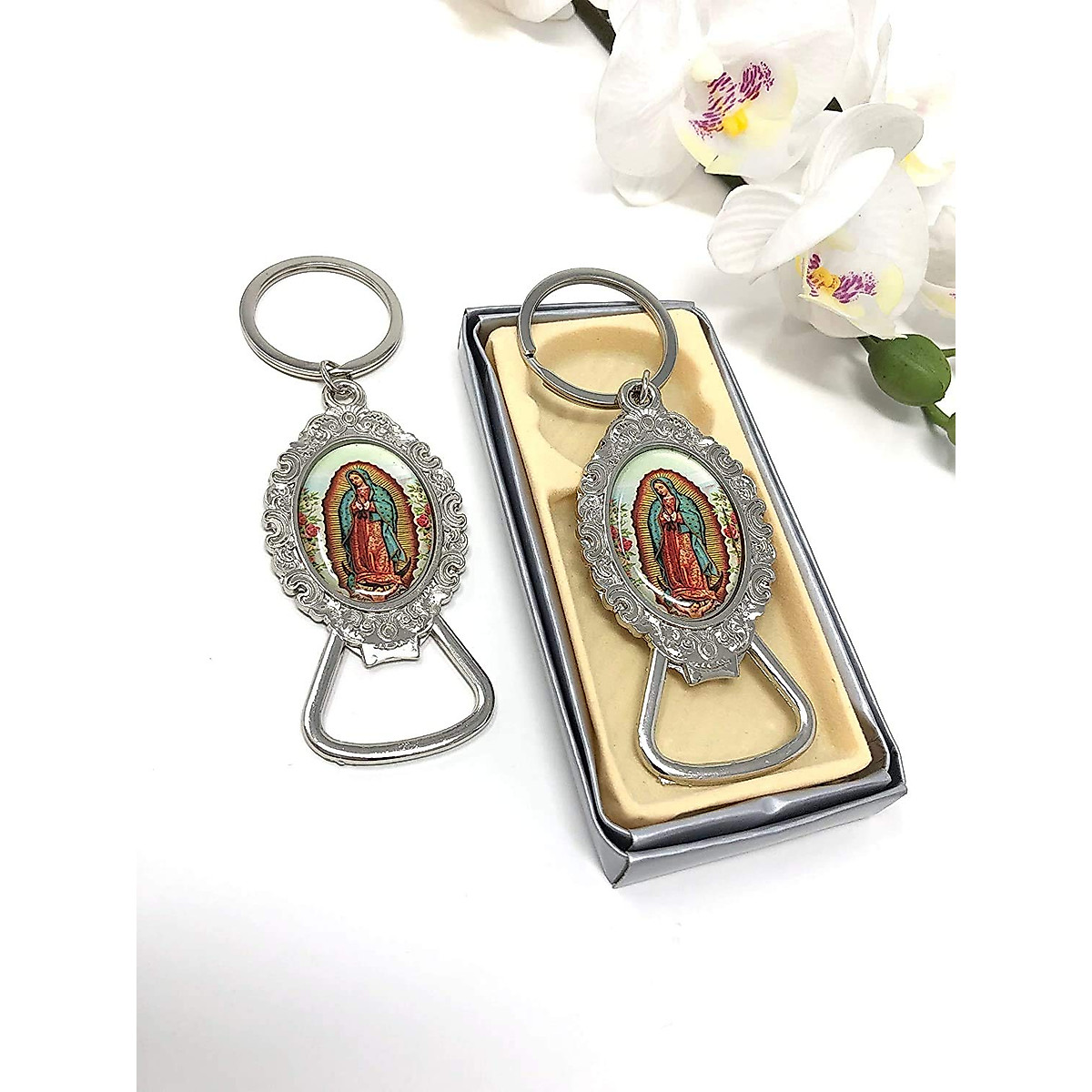 Virgen de Guadalupe Bottle Opener Keychain Baptism Party Favors Bautizo First Communion Memory Gift Silver Keychains With Bottle Opener/Recuerdos De Mi Bautizo/Primera Comunion Nuestra - 12PCS