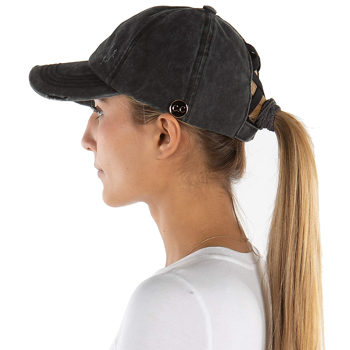 Funky Junque Criss Cross Ponytail Hat w/Buttons - Black