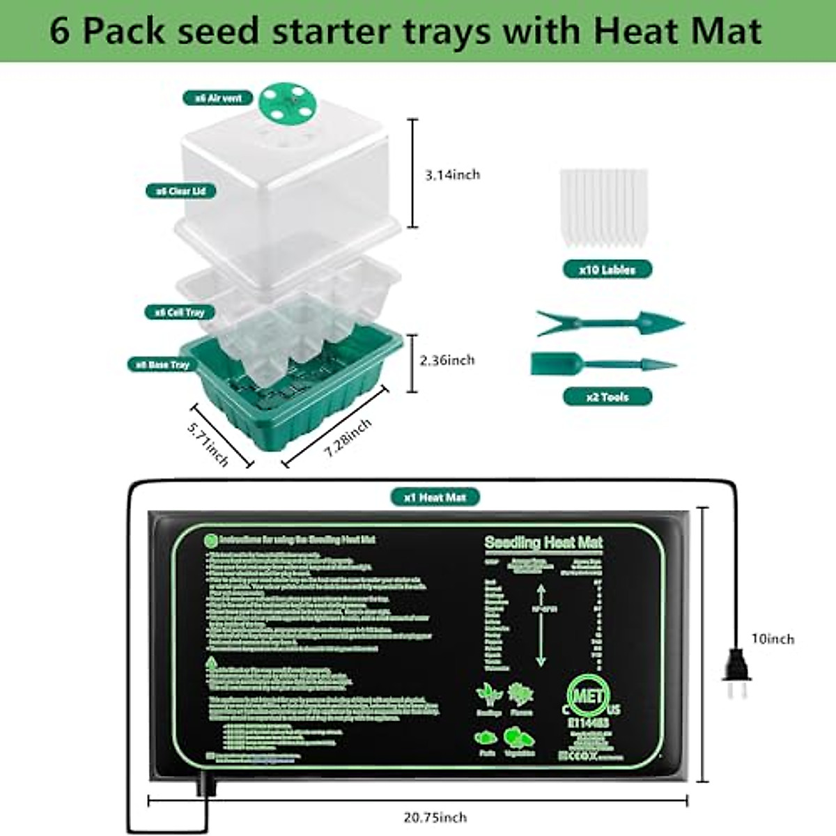 6-Pack Seed Starter Trays with 10"x20.75" Seedling Heat Mat for Indoor Home Gardening Seed Starting, 72-Cell Seed Starter Kit with Humidity Dome(12 Cells per Tray), MET Certified