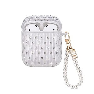 Glitter Diamond Design for AirPods 1/2 Case with Pearl Wrist Chain Keychain,Clear Sparkle Bling Cristal Protective Skin Cover for Airpod 2nd Generation TPU Shock Proof for Women Girls