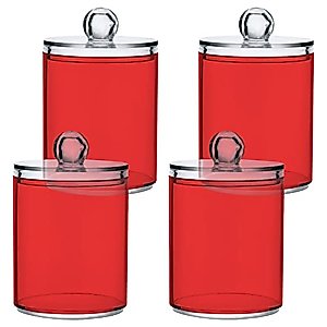 Gredecor 2 Pack Qtip Holder Clear Red Apothecary Jars with Lids Plastic Acrylic Bathroom Jars Vanity Countertop Canister Storage Organizer for Cotton Ball,Swabs,Pads,Floss