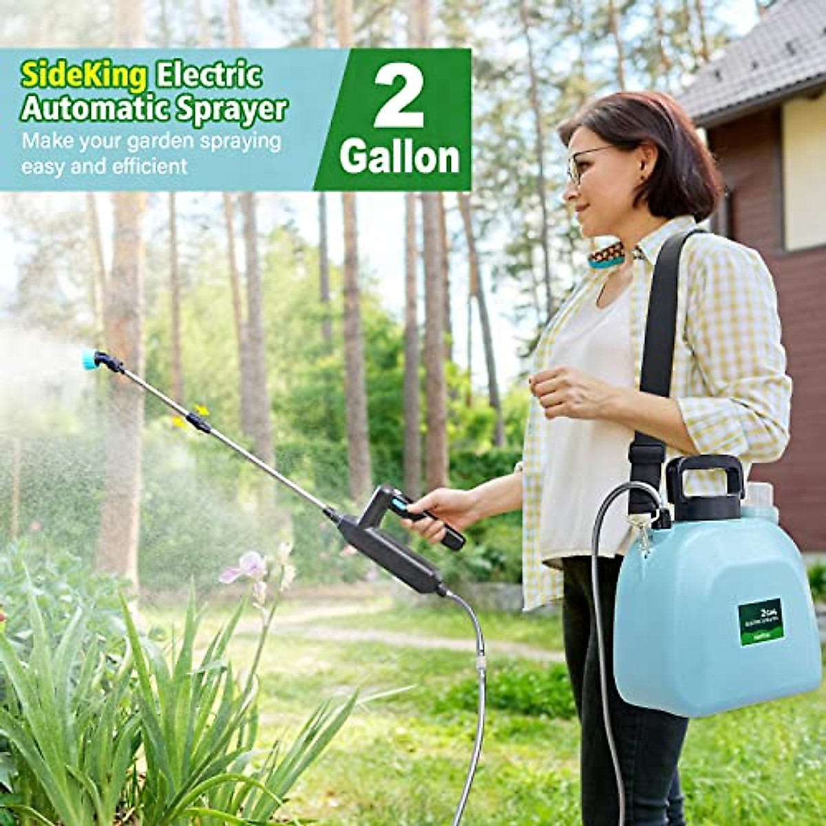 SideKing Battery Powered Garden Sprayer 2 Gallon, Upgrade Powerful Electric Sprayer with 3 Mist Nozzles, Retractable Wand, Rechargeable Handle with Adjustable Shoulder Strap for Lawn & Garden