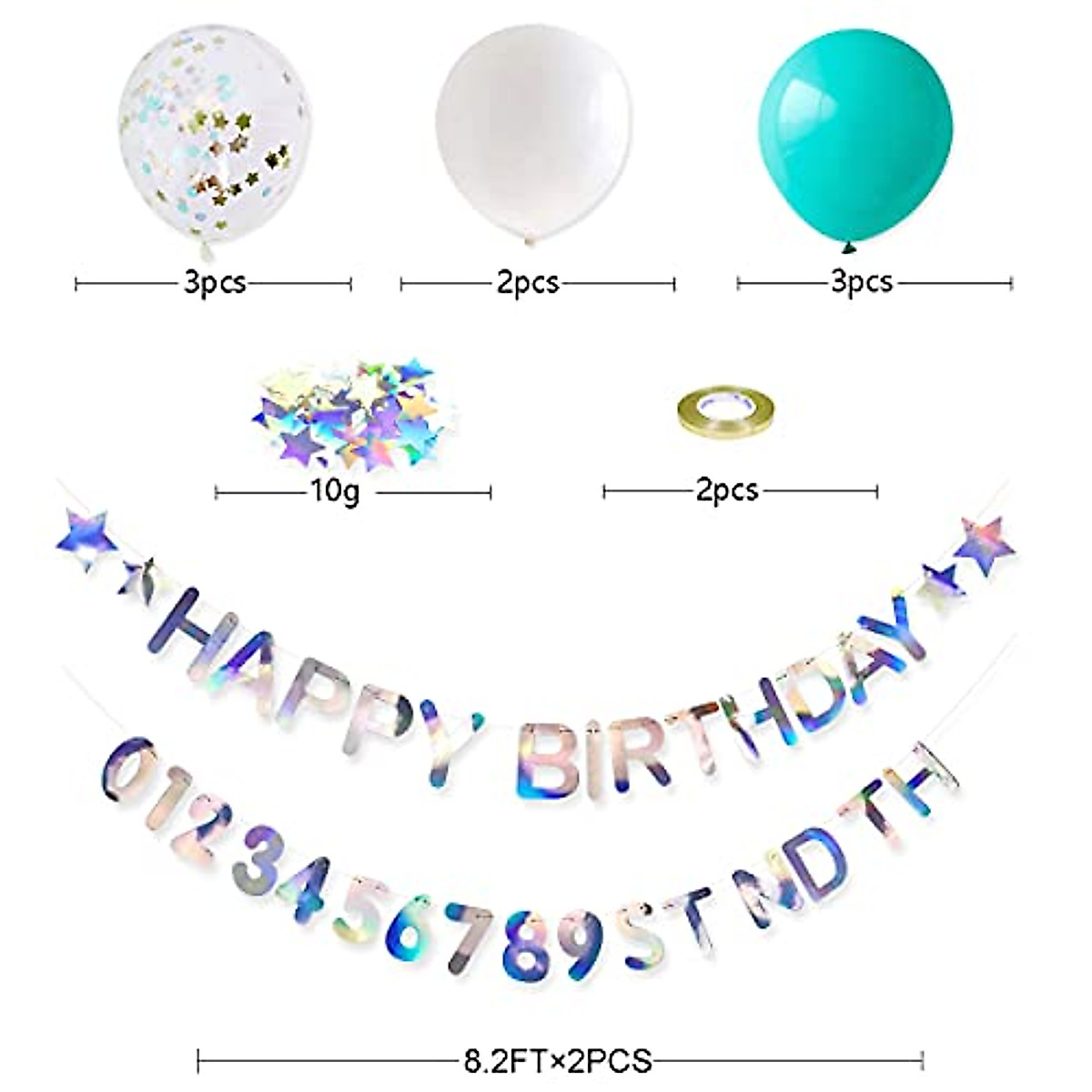 Iridescent Birthday Party Decoration Kit Holographic Hanging Happy Birthday Banners Sign Garlands with 0-9 Number with Teal Balloons Confetti for Girl Boy Kids Men Women Iridescent Birthday Supplies