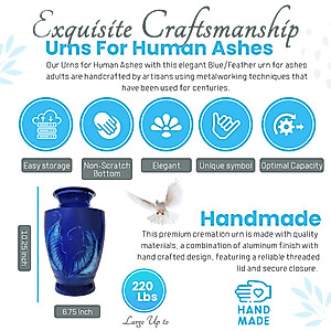 Blue Feather Cremation Urn for Human Ashes, Urns for Adult Ashes, Funeral & Burial Urns for Adult Male and Female, Large Size up to 220 Lbs