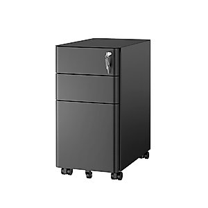 Mount-It! Slim Rolling Under Desk Cabinet, Mobile Filing Cabinet with 3 Drawers and Lock for Home & Office Storage, Black