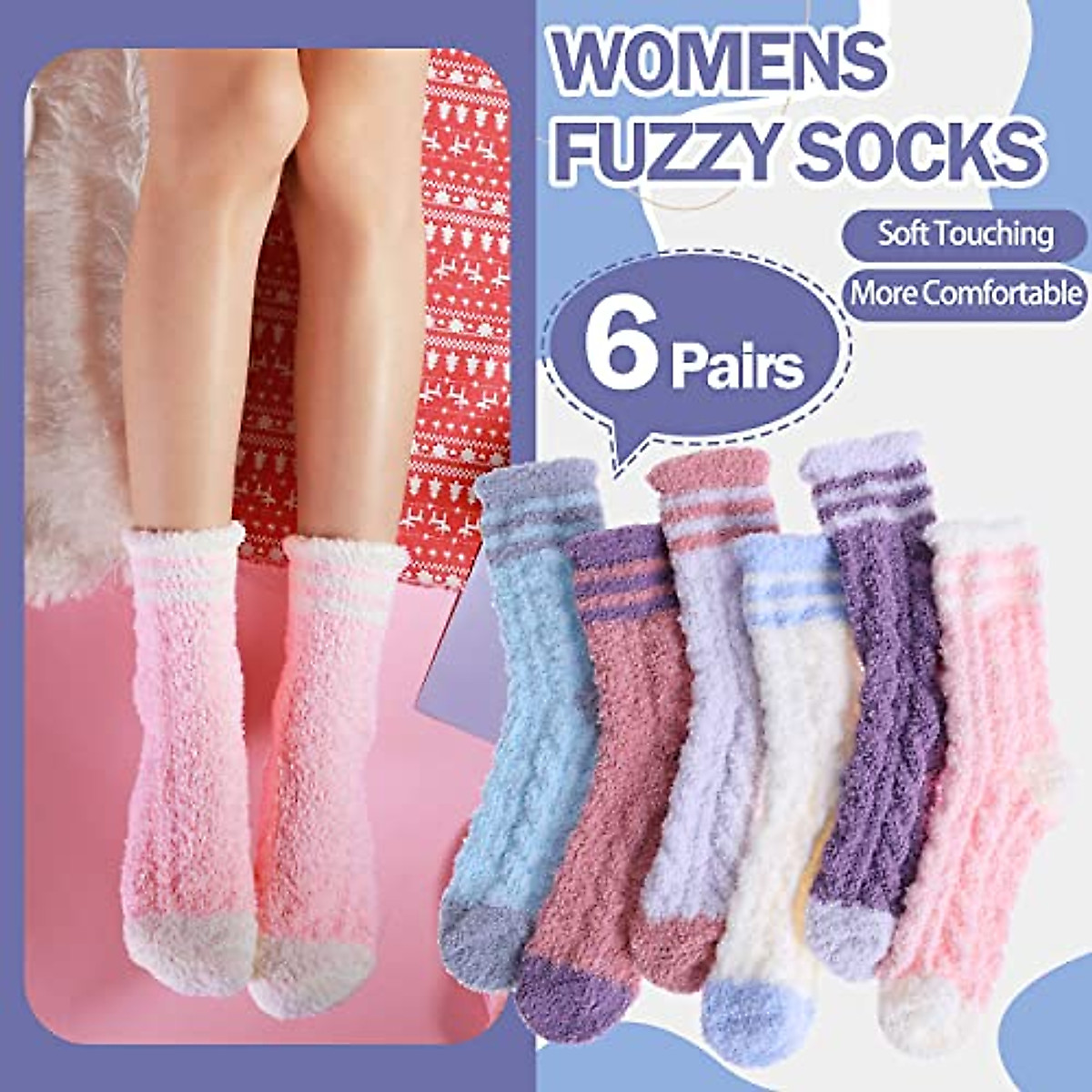 ANTSANG Womens Fuzzy Socks Slipper Winter Fluffy Cozy Cabin Warm Soft Fleece Comfy Home Christmas Gift Stocking Stuffers for Teen Girls(Mix Color A (6 Pairs))