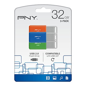 PNY USB 2.0 Flash Drives, 32GB, Assorted Colors, Pack Of 3 Drives