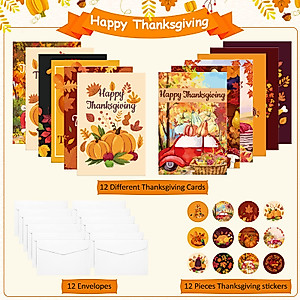 12 Sets Thanksgiving Cards with Envelopes Vintage Truck Pumpkins Turkey Cards 4x6 Inches for Thanksgiving Day Thank You Postcards for Family Teacher Fall Party Harvest Celebration Supplies, 12 Designs