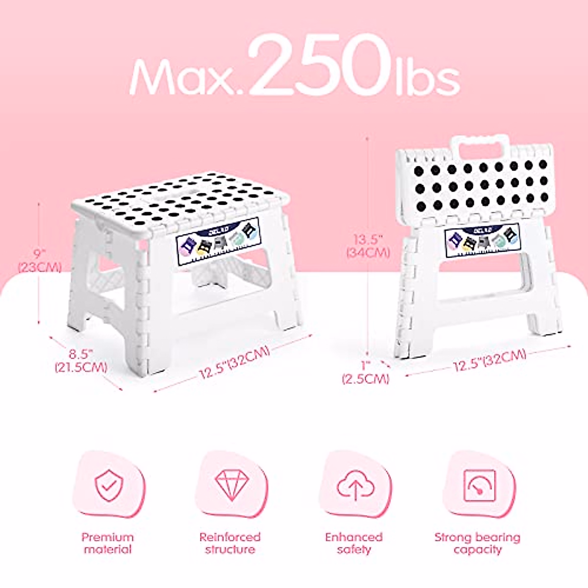 Delxo 9” Folding Step Stool in White,1 Pack Premium Heavy Duty Foldable Stool for Kids,Portable Collapsible Plastic Step Stool,Non Slip Folding Stools for Kitchen Bathroom Bedroom