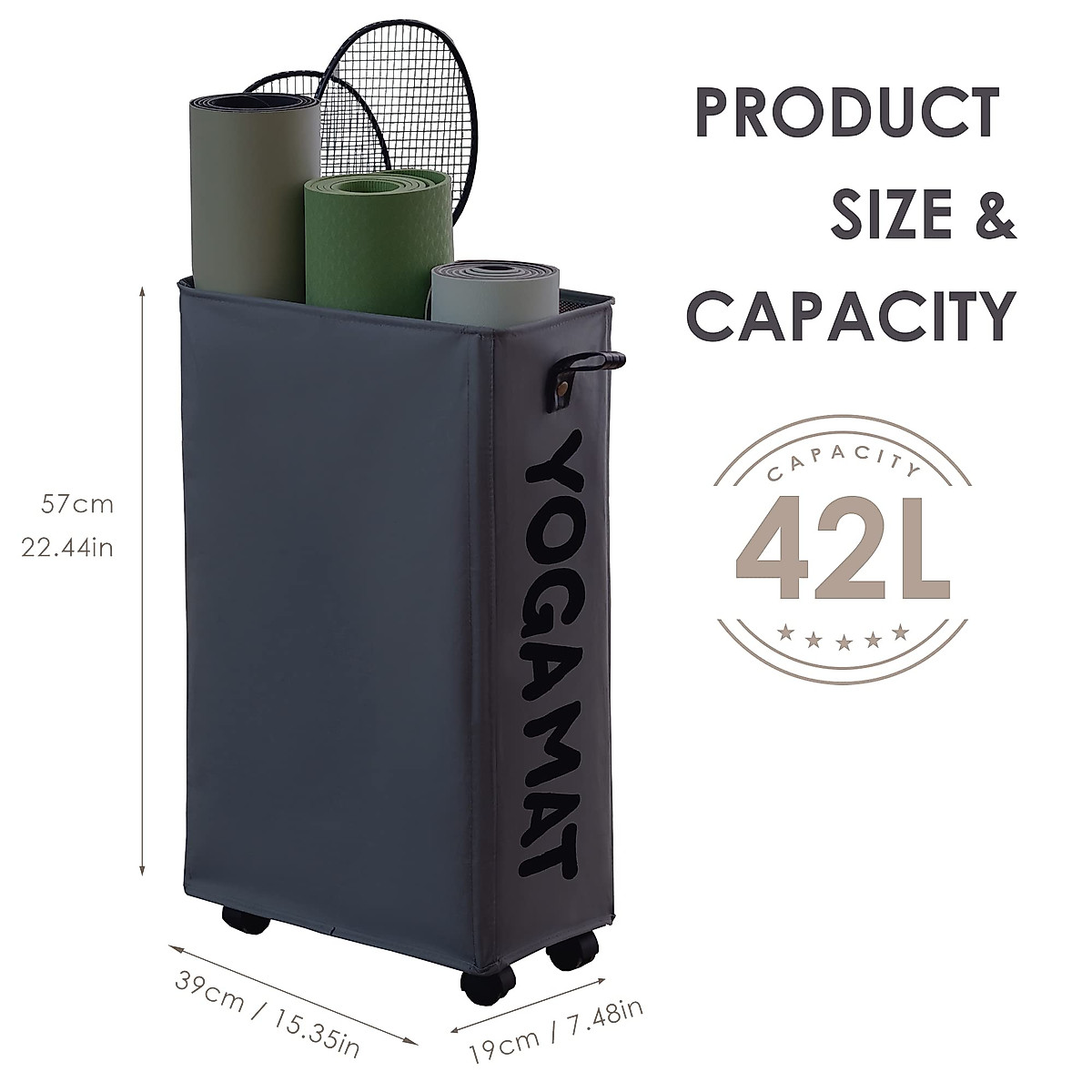 Caroeas Yoga Mat Storage Rack, 22 inches Large Yoga Mat Holder Accessories, Home Gym Equipment Storage Yoga Mats, Women Men Workout Equipment Organization with 4 Wheels, Gray