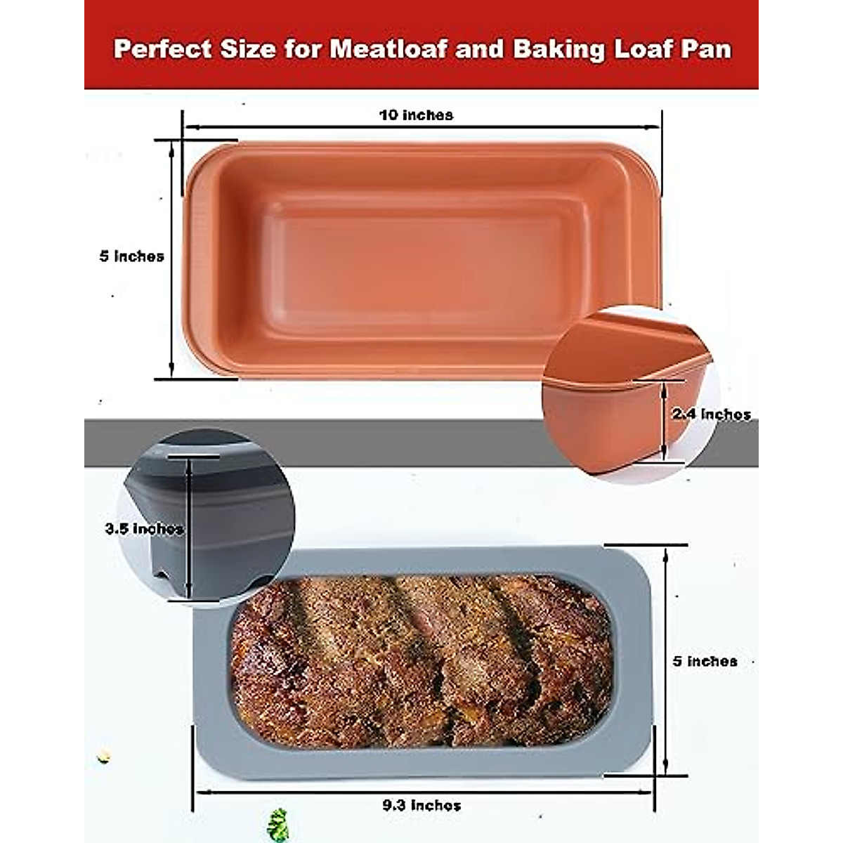 Hitseon Meatloaf Pan with Drain Tray, 2 in 1 Foldable Loaf Pans for Baking Bread, Dishwasher Safe Metallic Nonstick Coating Bread Pan with Silicone Rack for Oven Cooking (Gray)
