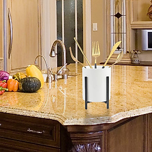 MONOSUGO Silverware Holder for Countertop, Kitchen Spoon and Fork Holder, Utensil Caddy Countertop Utensil holder, Ceramic Cutlery Holder Robust Silverware Caddy with Black Metal Frame, 1 Pcs