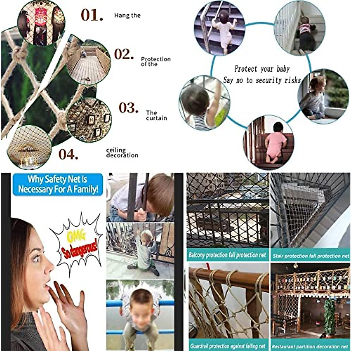KACQIHTU Safety Hemp Rope Net Kids Climbing Safety Net Children Safety Rope Net Balcony Stairs Fence Garden Playground Protection Net Indoor & Outdoor Decor Rope Net