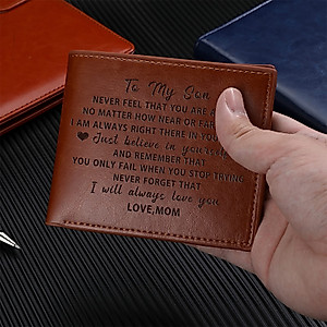 To My Son Gift Leather Wallet Engraved Personalized Leather Wallet Birthday Gifts,Graduation Gift from Mom,Christmas Gift to Son Customized Gift(never feel son)