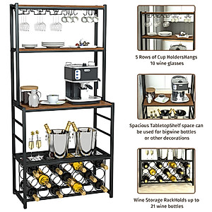 FIDVEKL Wine Rack Freestanding Floor, 5-Tier Industrial Wine Rack Freestanding Floor with Glass Holder and Wine Storage for Home Kitchen Dining Room, Rustic Brown