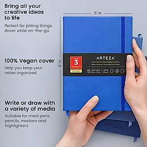 ARTEZA Journals, Pack of 3, 6x8 Inches, 96 Sheets, Cobalt Blue, Med Blue, and Navy, Hardcover Noteboos with Smooth Lined, Blank and Dotted Paper