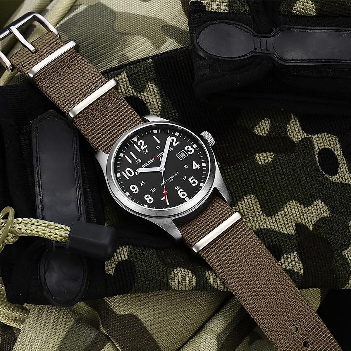 GOLDEN HOUR Men's Nylon Slip-Thru Strap Watch with Military Time Easy Read Dial Glowing Hands in Silver Brown