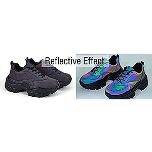 LUCKY STEP Women Chunky Platform Dad Colorblock White Neon Green Fuchsia Hologram Silver Casual Lace-Up Walking Sneakers(Charcoal,10 B(M) US)