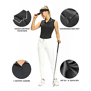 Hiverlay Polo Shirts for Women Sleeveless Golf Tank Tops Tennis Shirt Dry Fit UPF 50+ Lightweight Collared Ladies Tops Black XXL