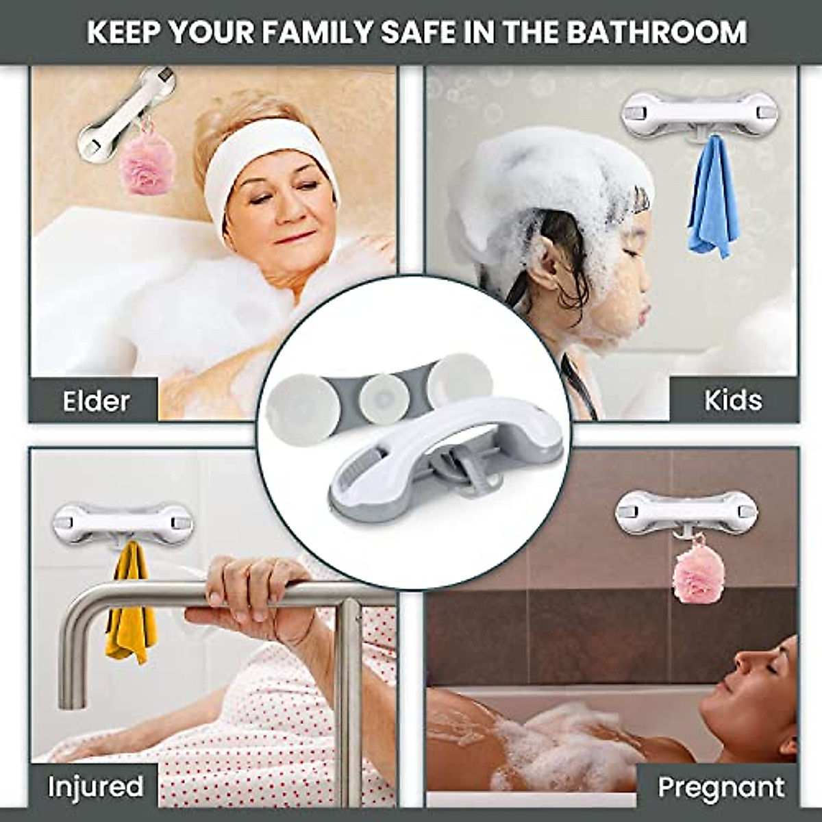 3 Suction Cup Grab Bars for Bathtubs and Showers, Shower Handles for Elderly Suction, Bathroom Accessories for Shower Chair, Grab Bars for Elderly for Wall, Handicap Grab Bars for Senior (2pack)