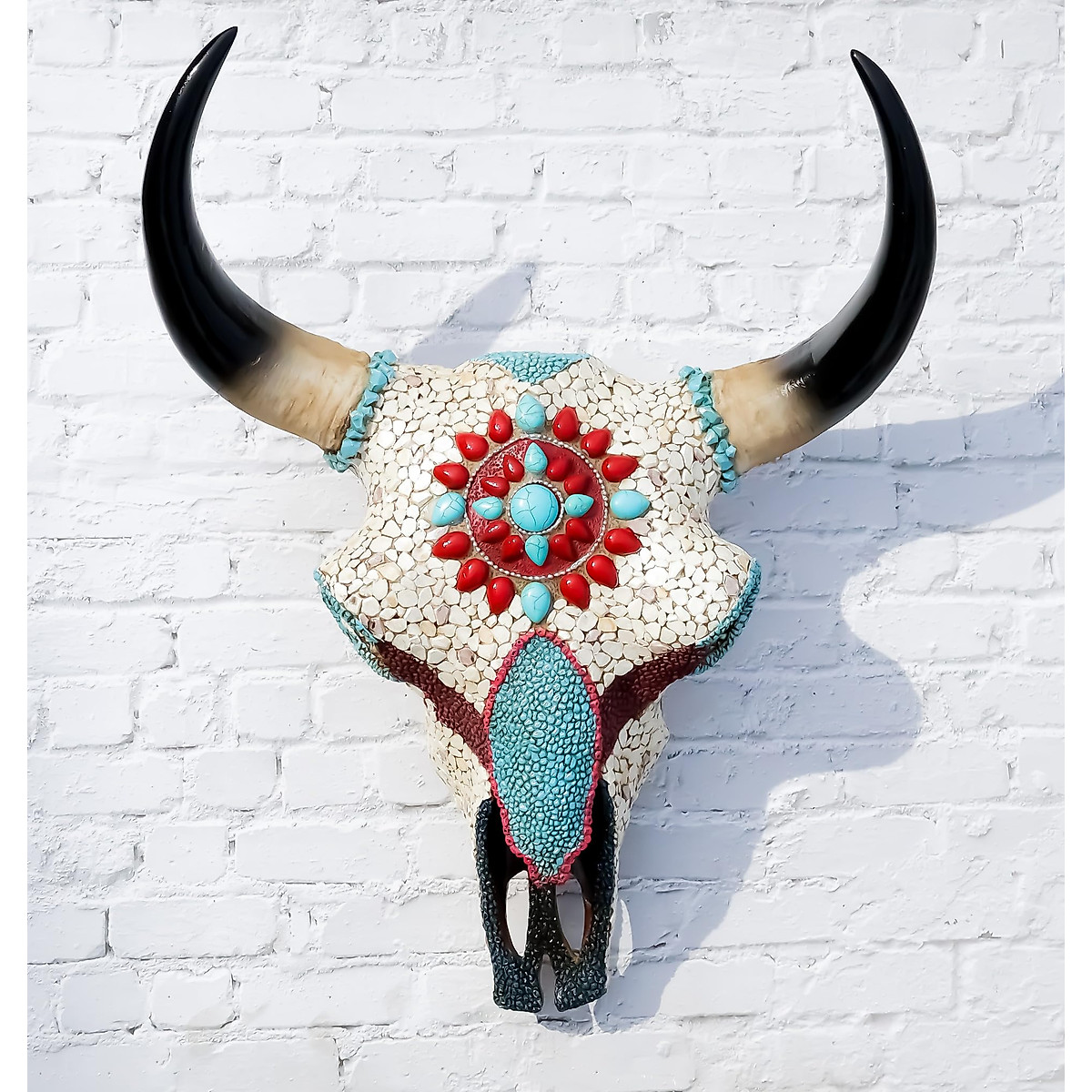 Ebros Gift 16.5" High Large Western Southwest Steer Bison Buffalo Bull Cow Skull Head with Mosaic Turquoise and Red Aztec Sun Teardrop Gems Design Wall Mount Decor Native Indian Accent Skulls