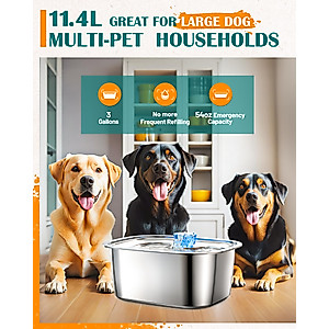 Stainless Steel Large Dog Water Fountain for Large Dogs,3Gallon Extra Large Capacity Big Pet Water Fountain with 4 Filters,Automatic Dog Fountain Water Bowl Dispenser Indoor,Quiet Pump,Dishwasher Safe