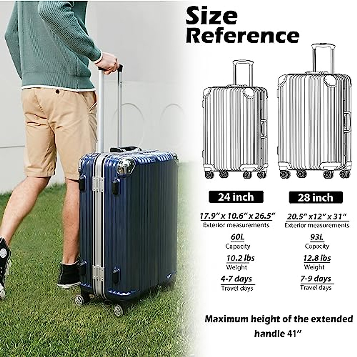 Coolife Luggage Aluminium Frame Suitcase TSA Lock 100% PC 20in 24in 28in (Wine red, M(24in))