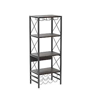 Tribesigns Wine Bakers Rack, 4-Tier Industrial Wine Rack freestanding Floor with Glass Holder and Wine Storage, Wine Bar Cabinet with Storage for Home Kitchen Dining Room, Rustic Brown