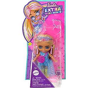 Barbie Extra Mini Minis Doll with Pink-Streaked Blonde Pigtails Wearing Blue Dress & Accessories & Stand, 3.25-inch