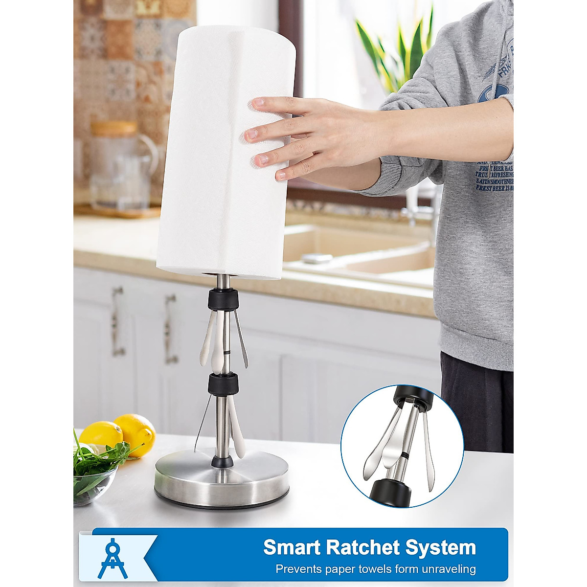 SMARTAKE Standing Paper Towel Holder, Damping Ratchet Design Paper Towel Organizer, Rustproof Toilet Paper Holder with Suction Cups, Roll Dispenser for Kitchen Countertop Home Dining Table, Silver