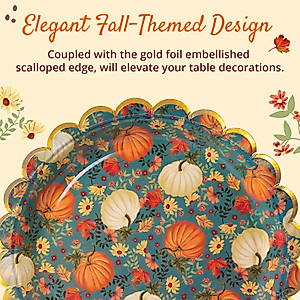Confettiville Thanksgiving Paper Plates, 50-Count Fall-Themed Decorative Disposable Serving Plates, Teal, Gold Foil Scalloped Edge, 9 Inches