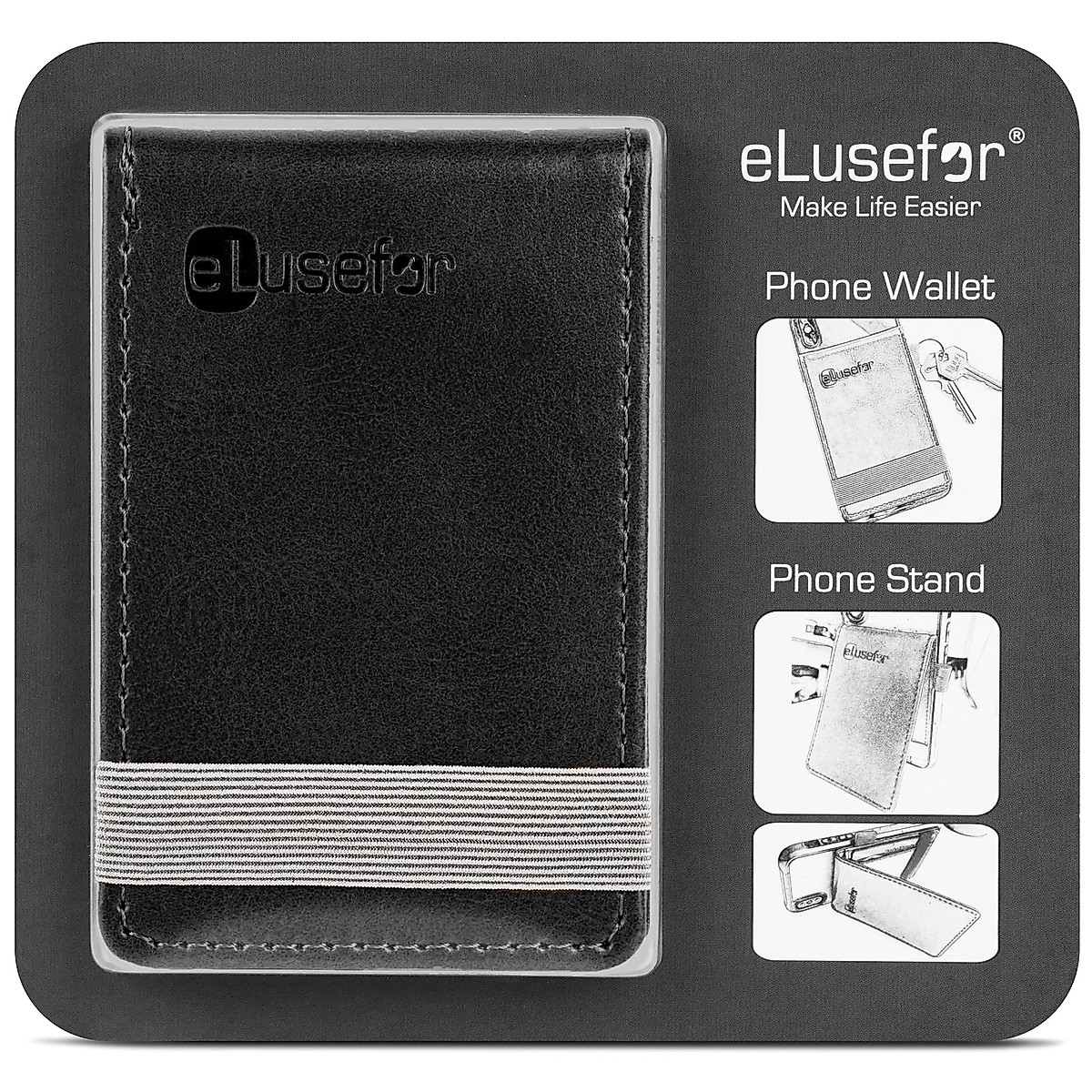 eLusefor Stick-On Phone Wallet & Card Holder for Back of iPhone or Android Case - Black