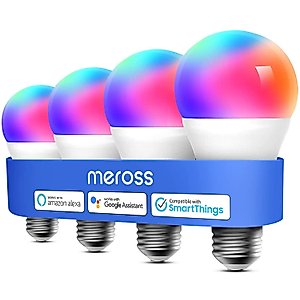 meross Smart Light Bulb, Smart WiFi LED Bulbs Works with Alexa, Google Home, Dimmable E26 Multicolor 2700K-6500K RGBWW, 810 Lumens 60W Equivalent, No Hub Required, 4 Pack