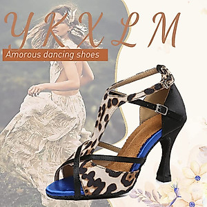 YKXLM Latin Dance Shoes For Women Ballroom Salsa Tango Professional Performance Practice Dancing Shoes,3.33" heel,Leopard,6.5 US