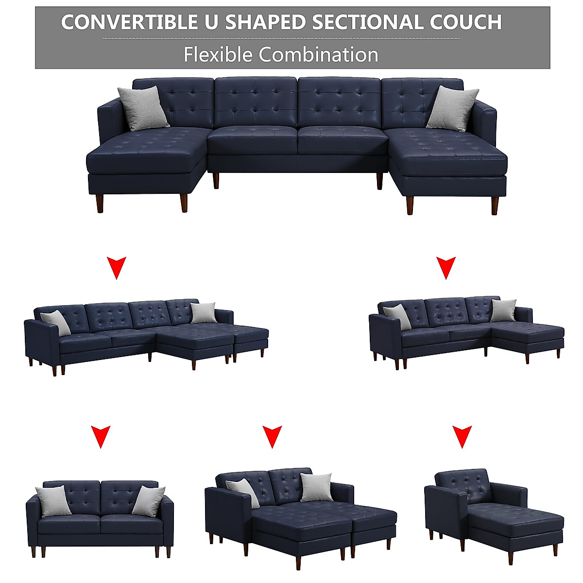Aoowow Modular Sectional Sofa Convertible U Shaped Sectional Couch, Modern Faux Leather Upholstered Sofa Couch Comfy Sleeper Sofa Set with Reversible Chaise for Living Room(Blue)